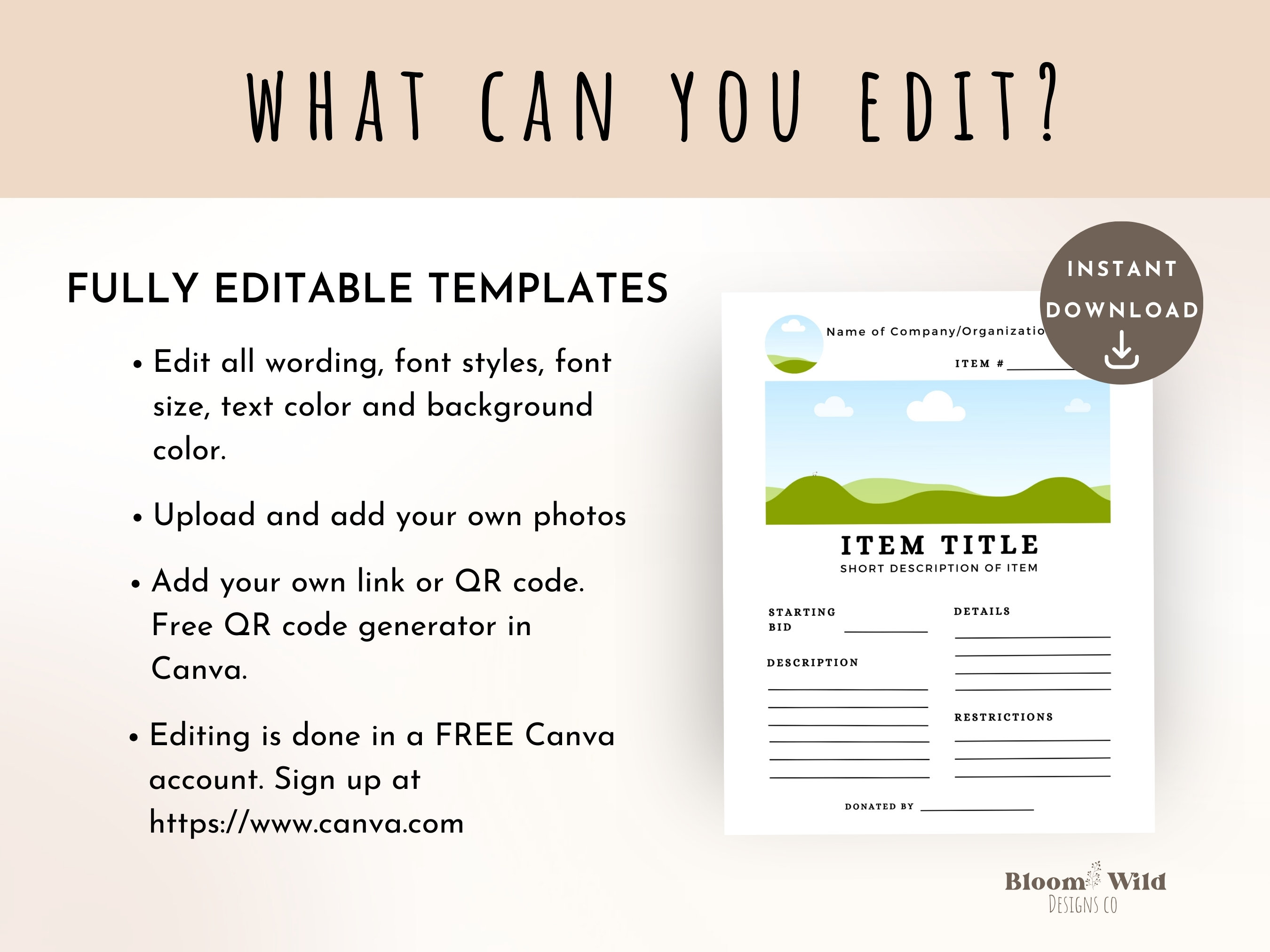 Silent Auction Item Description Sheet, Printable Silent Auction ...