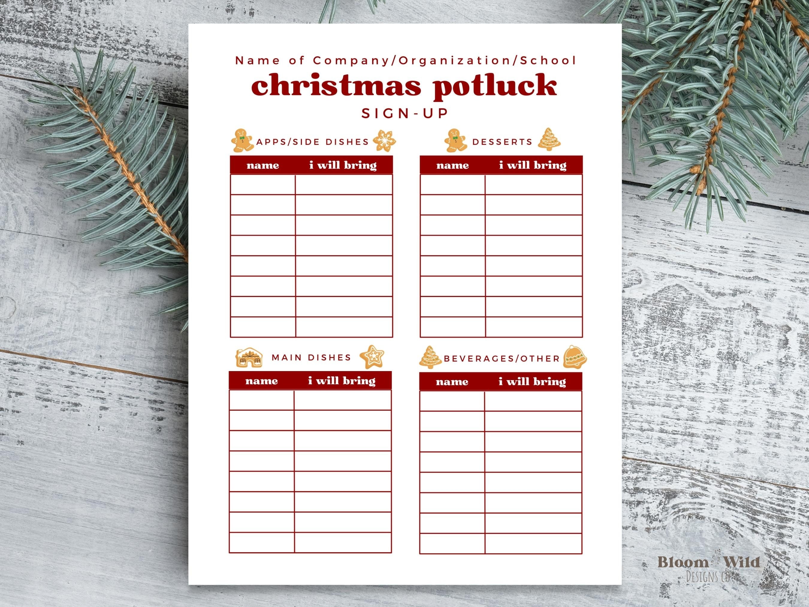 Sign up Sheet for Christmas Party, Christmas Potluck Sign up Sheet ...