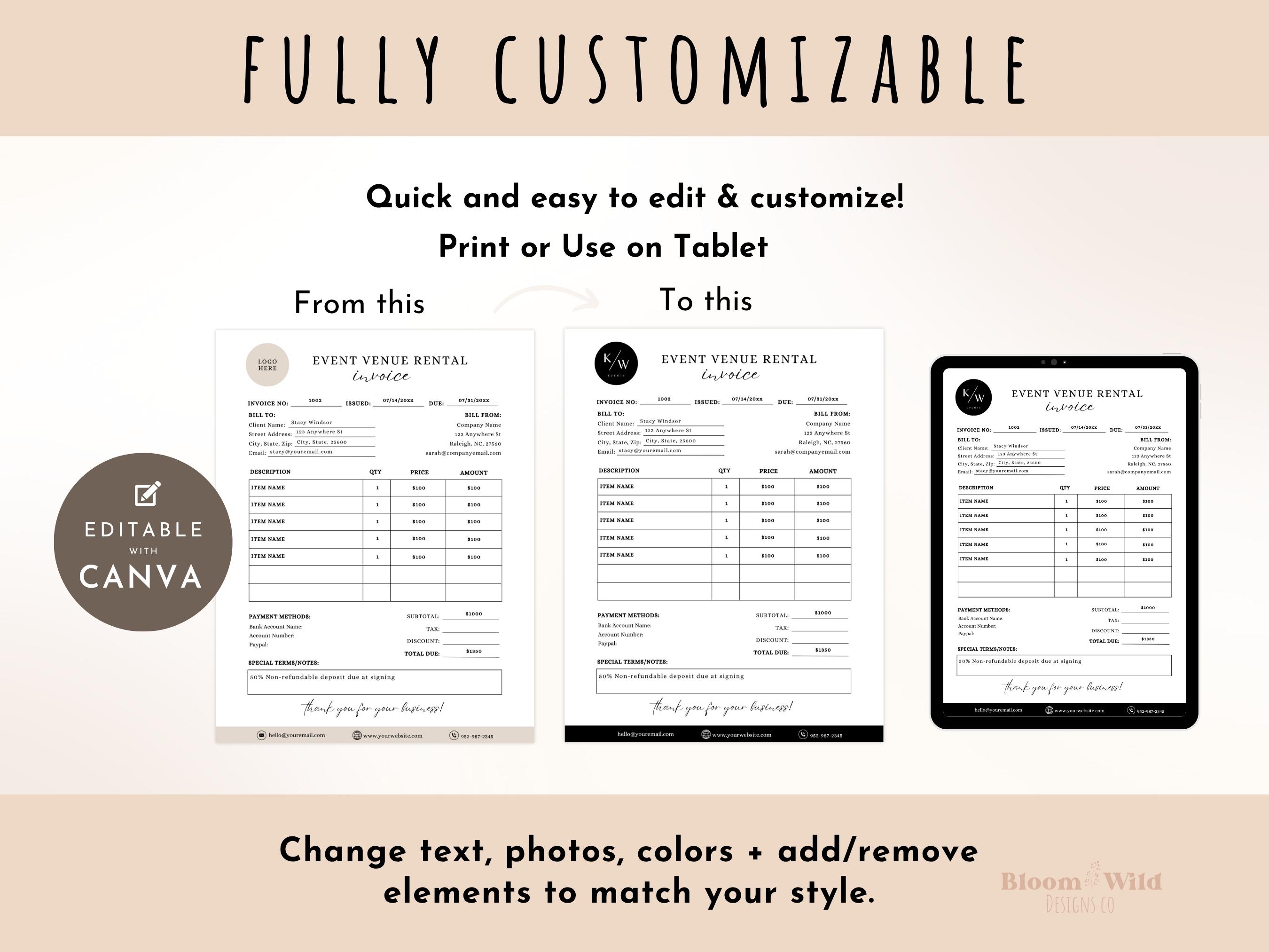 Event Venue Rental Invoice Template, Wedding Venue Invoice Form, Event ...
