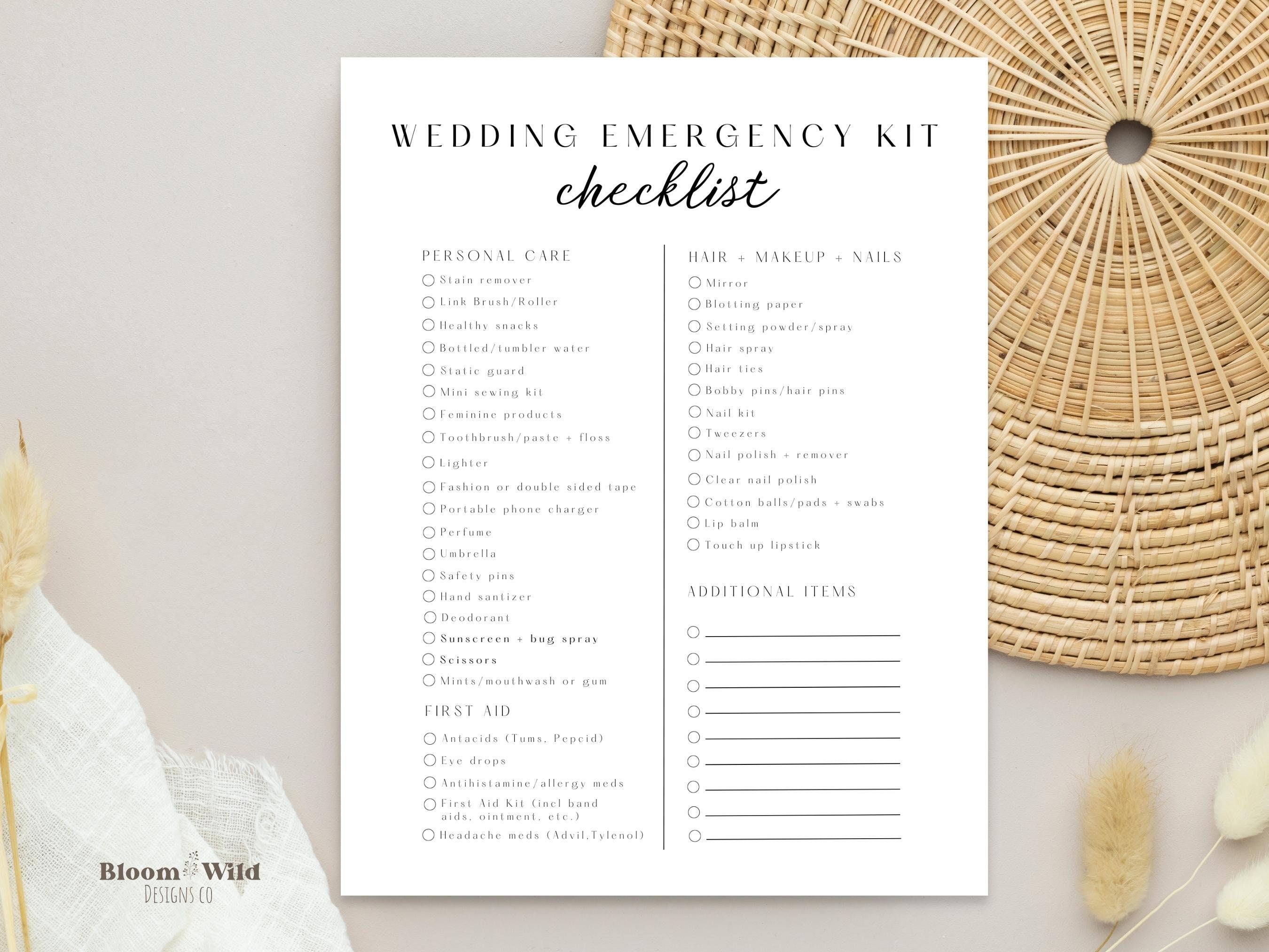 Wedding Emergency Kit Checklist, Bride Survival Kit List Template ...