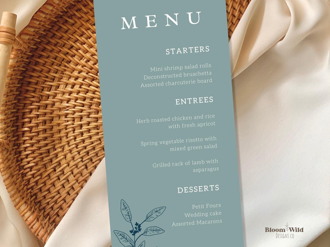 Blue Wedding Menu Menu Template Menu Card Menu Cards | Etsy