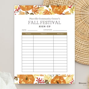 Fall Harvest Festival Sign up Sheet Template, Church Autumn Party Sign ...