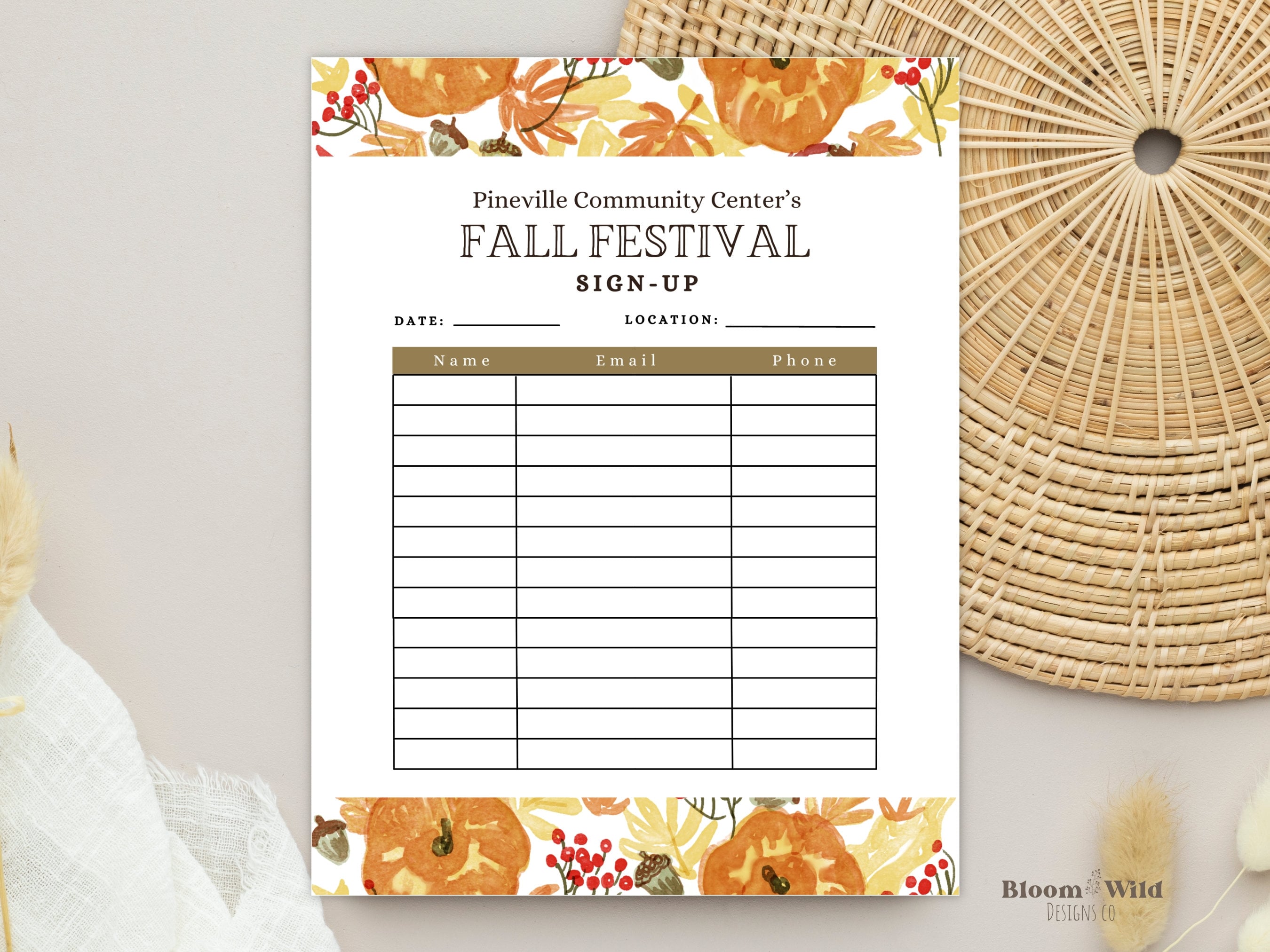 Fall Harvest Festival Sign up Sheet Template, Church Autumn Party Sign ...