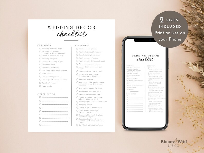 Wedding Decor Checklist Template, Printable Wedding Day Decor List ...