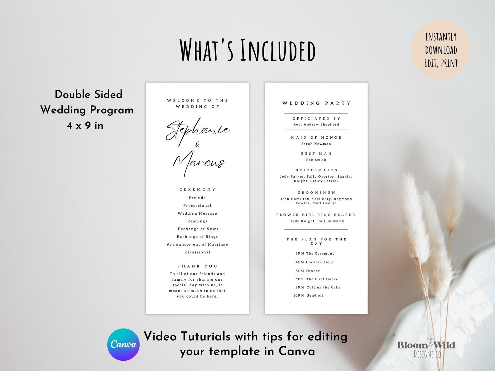 Modern Wedding Program Template, DIY Program Card Printable, Church ...