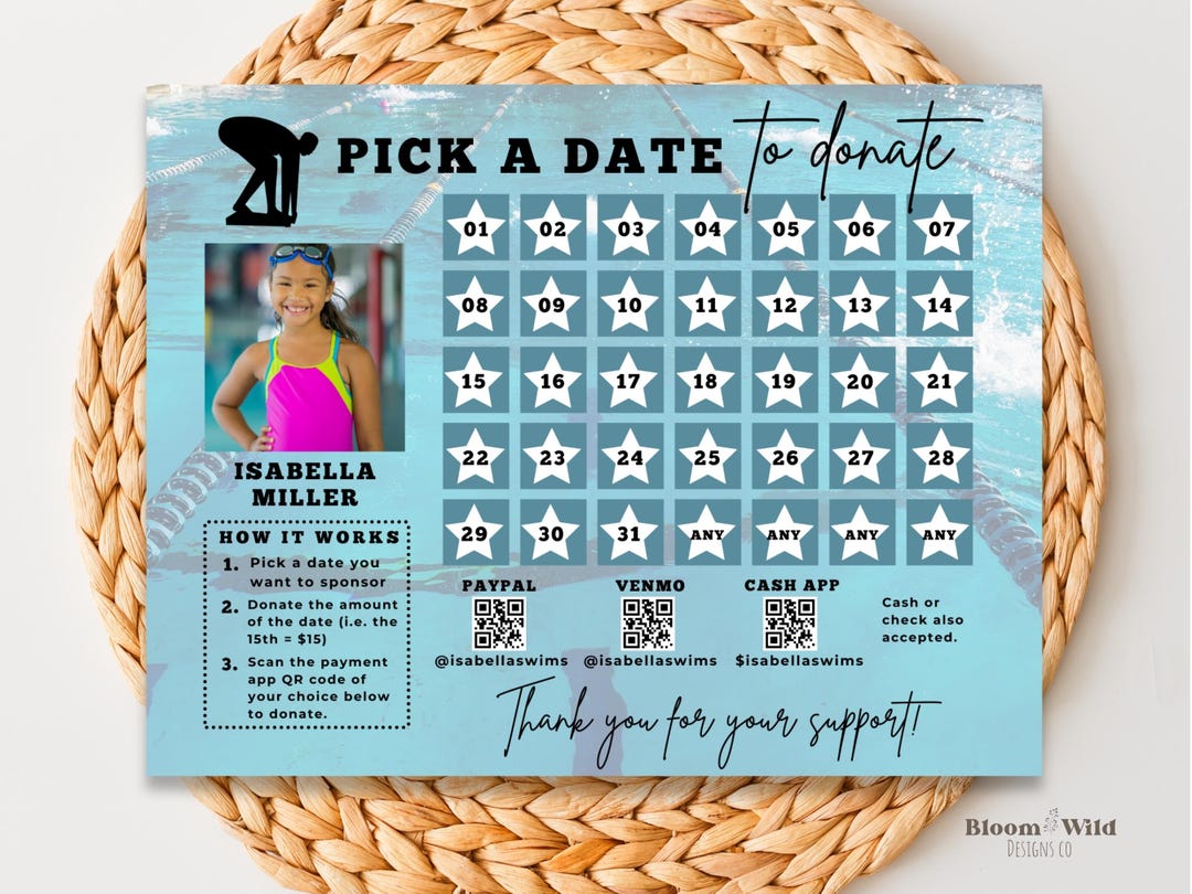 Swim Team Fundraiser, Pick A Date to Donate Swim Template, Swimming ...