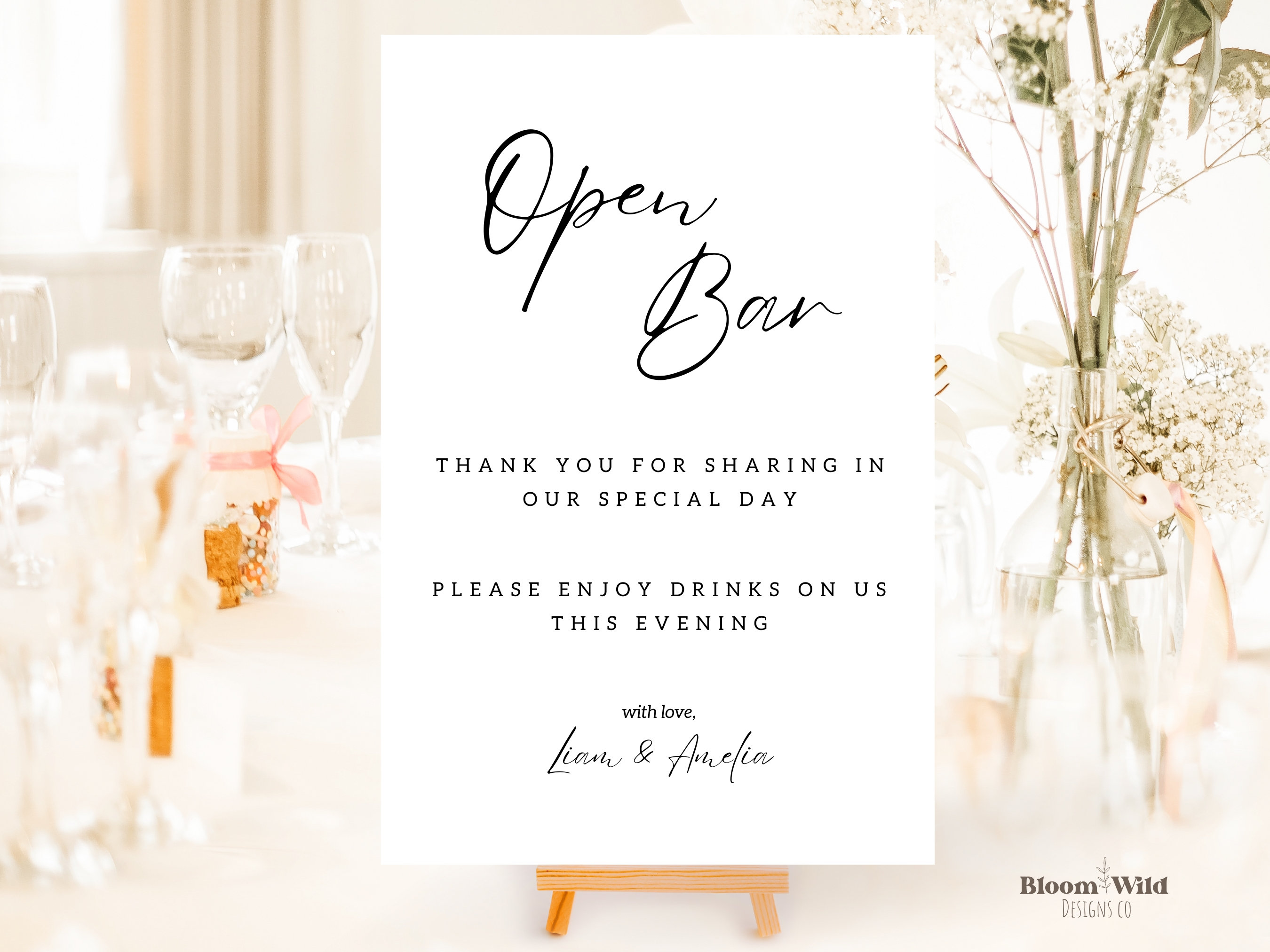 Open Bar Wedding Sign Canva, Printable Open Bar Sign, Modern Minimalist ...