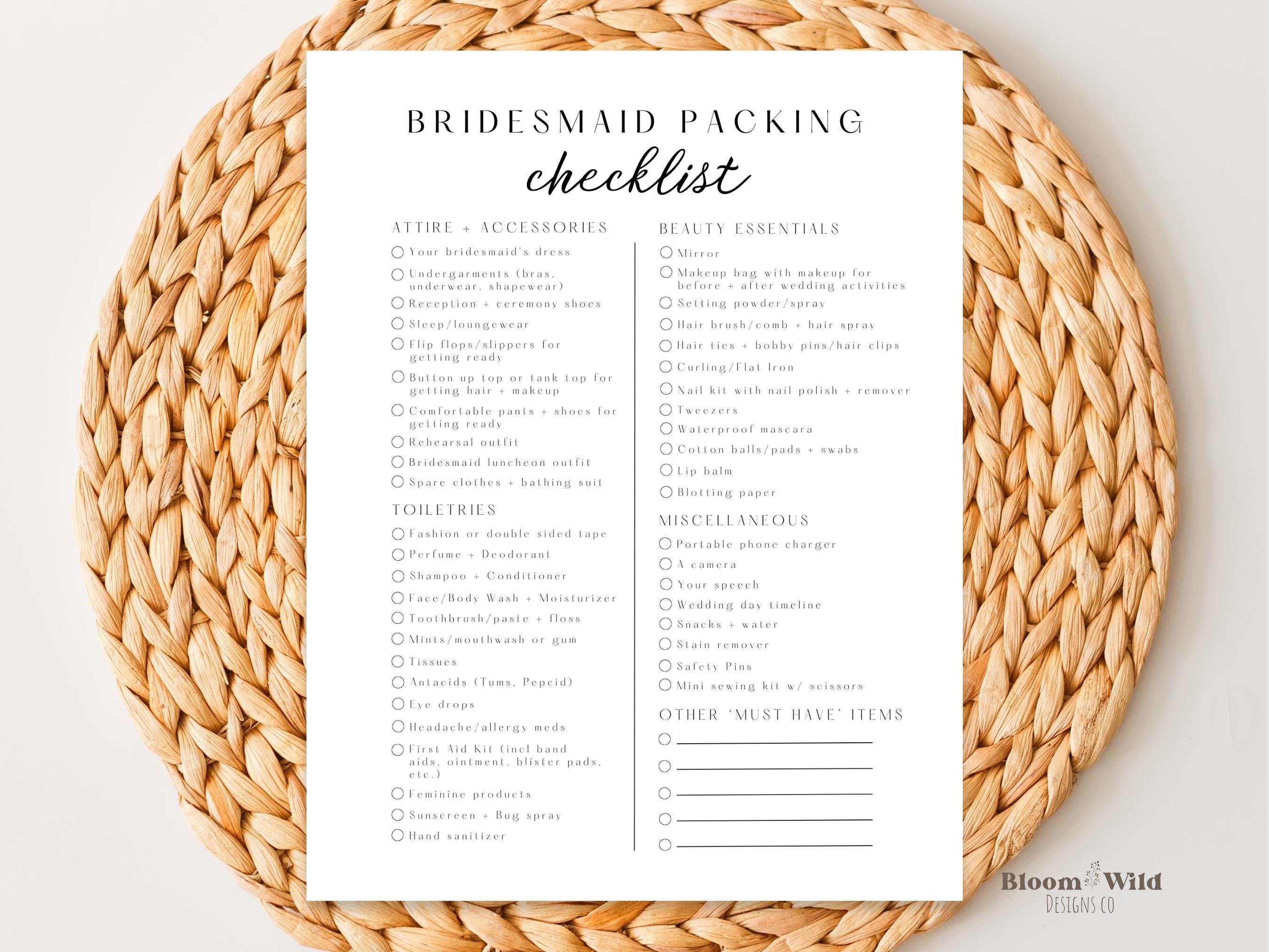 Bridesmaid Packing Checklist, Maid of Honor Packing List Template ...