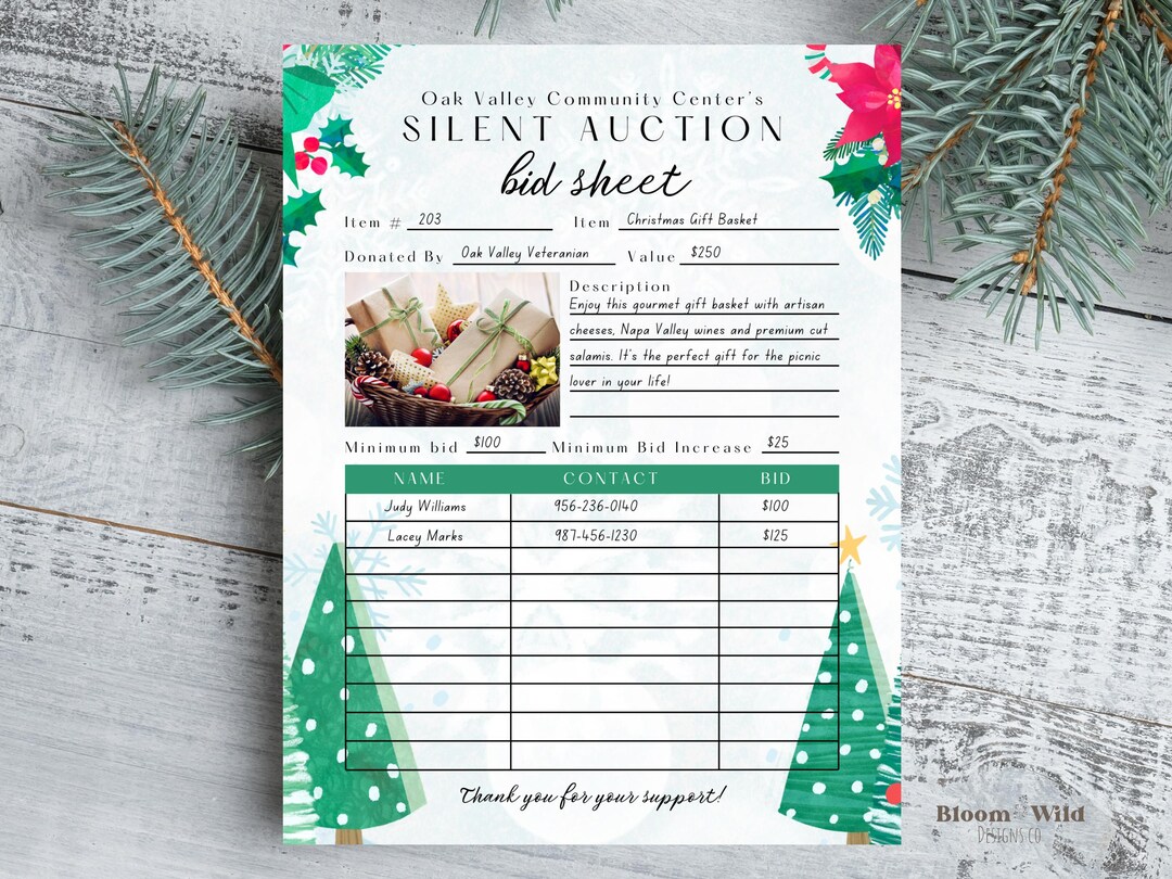 Silent Auction Bid Sheet Christmas, Silent Auction Christmas Template ...