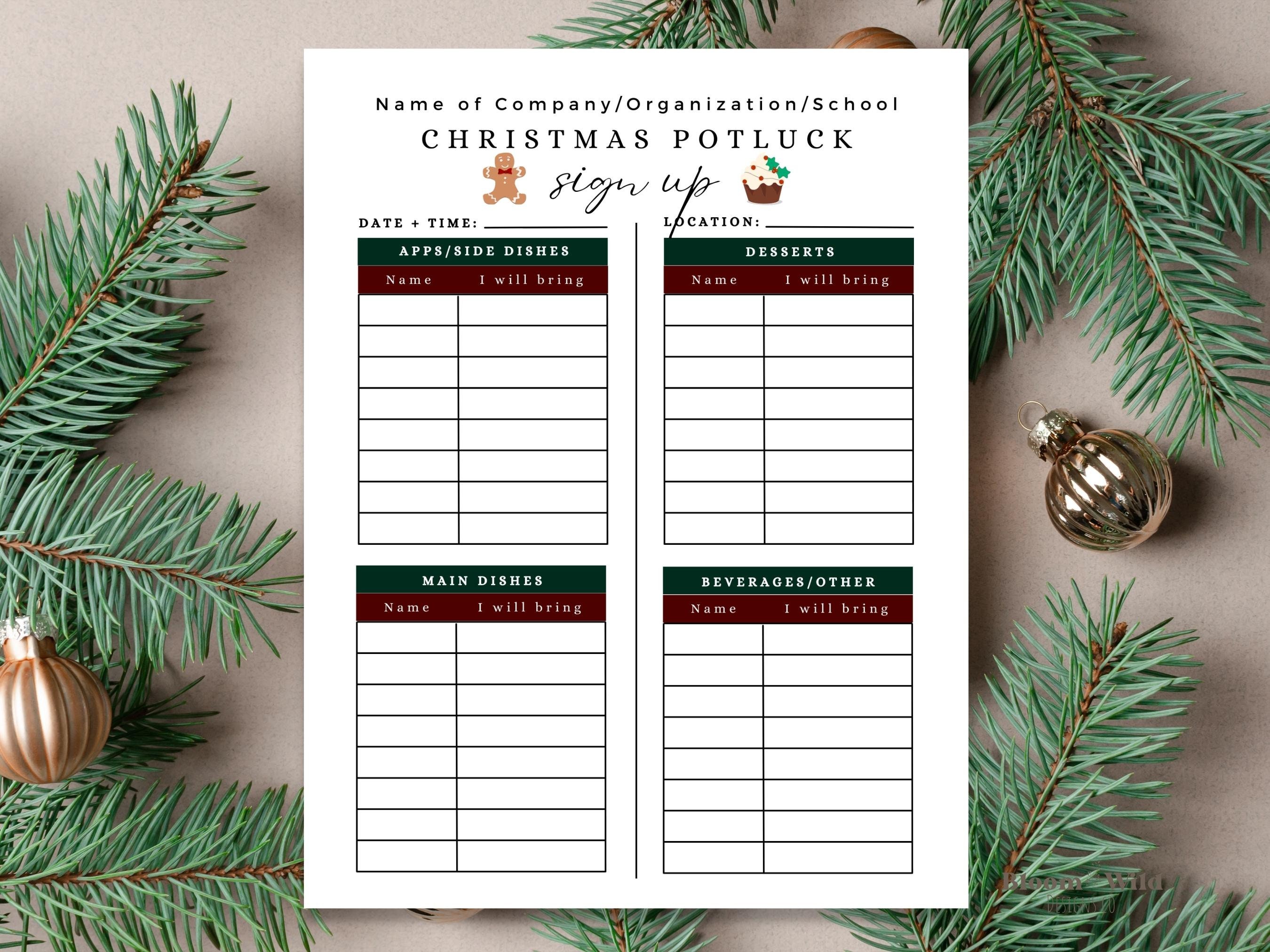 Christmas Potluck Sign up Sheet Printable, Sign up Sheet for Christmas ...