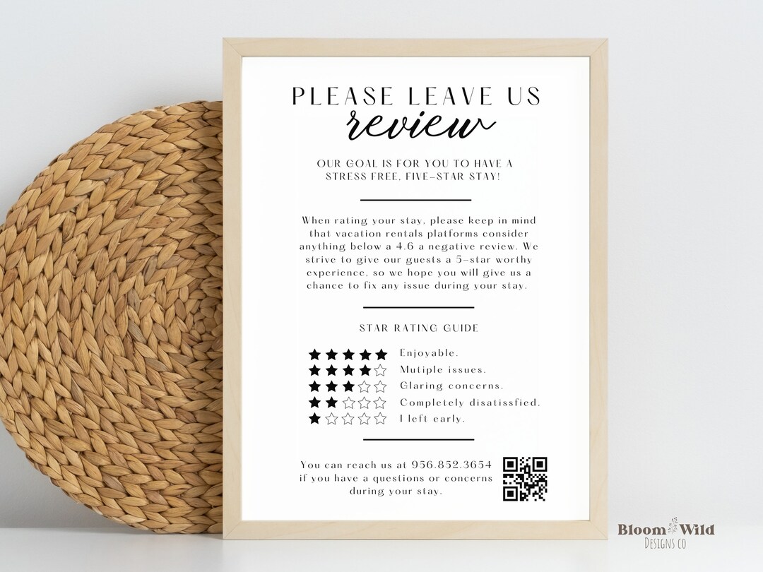 Airbnb Star Rating, Air Bnb Review Sign With QR Code, Leave Us A Review ...