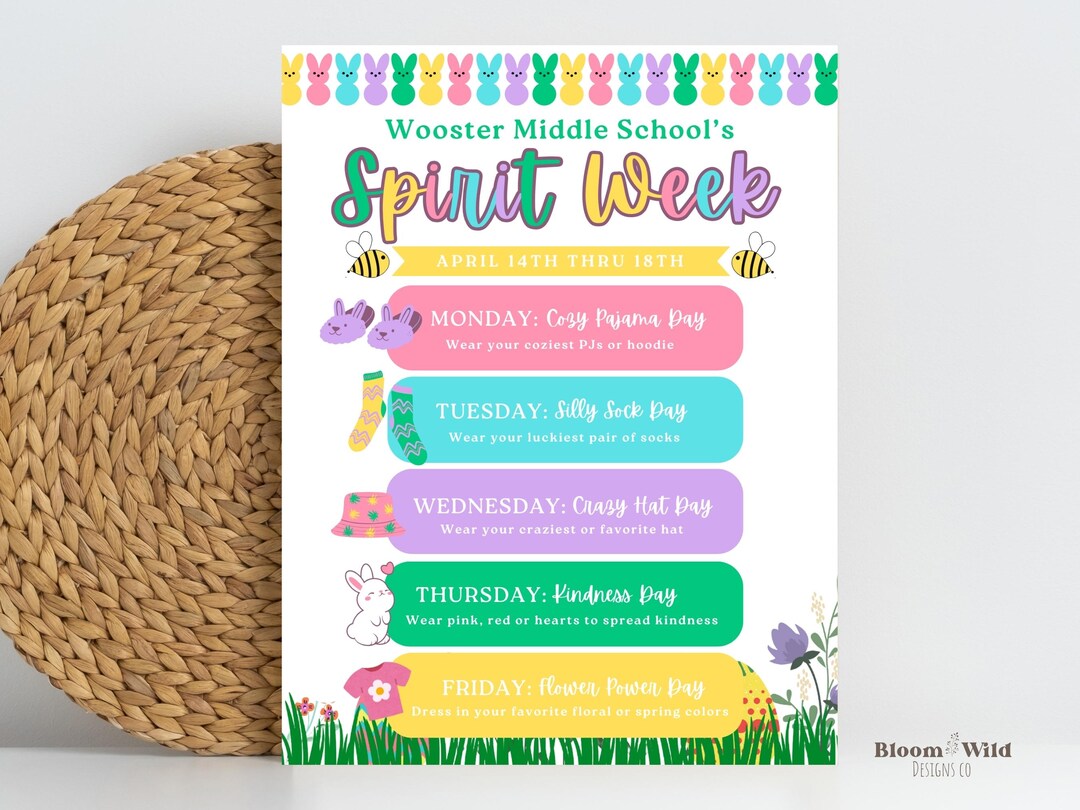 Spirit Week for Easter, Spring Spirit Week Flyer for School, Spirit ...