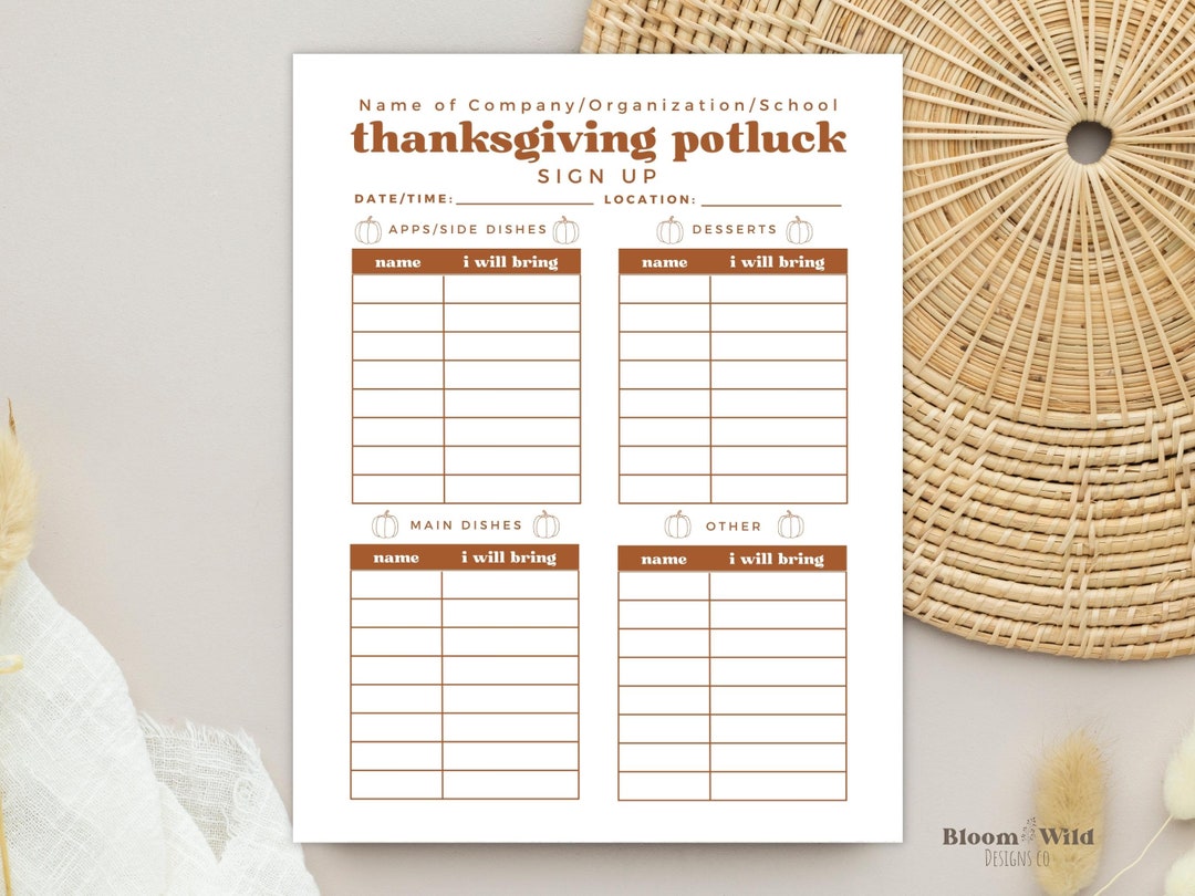 Thanksgiving Potluck Sign up Sheet Template, Sign up Sheet for Food ...