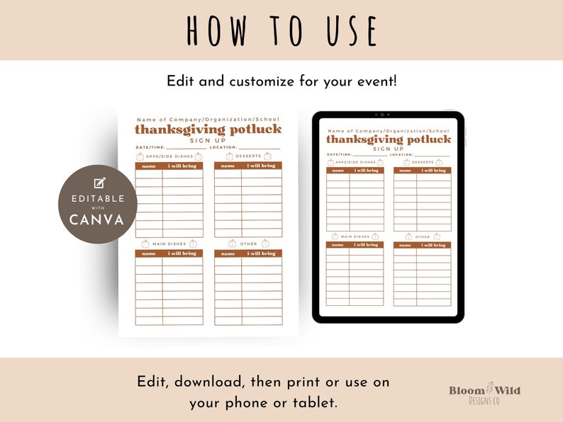 Thanksgiving Potluck Sign up Sheet Template, Sign up Sheet for Food ...