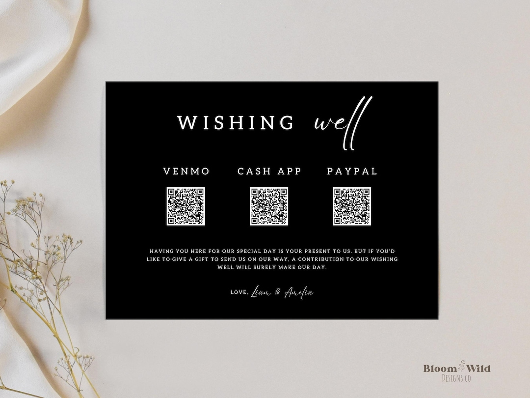 Minimalist Wishing Well Card Template, Honeymoon Fund 3 QR Codes ...