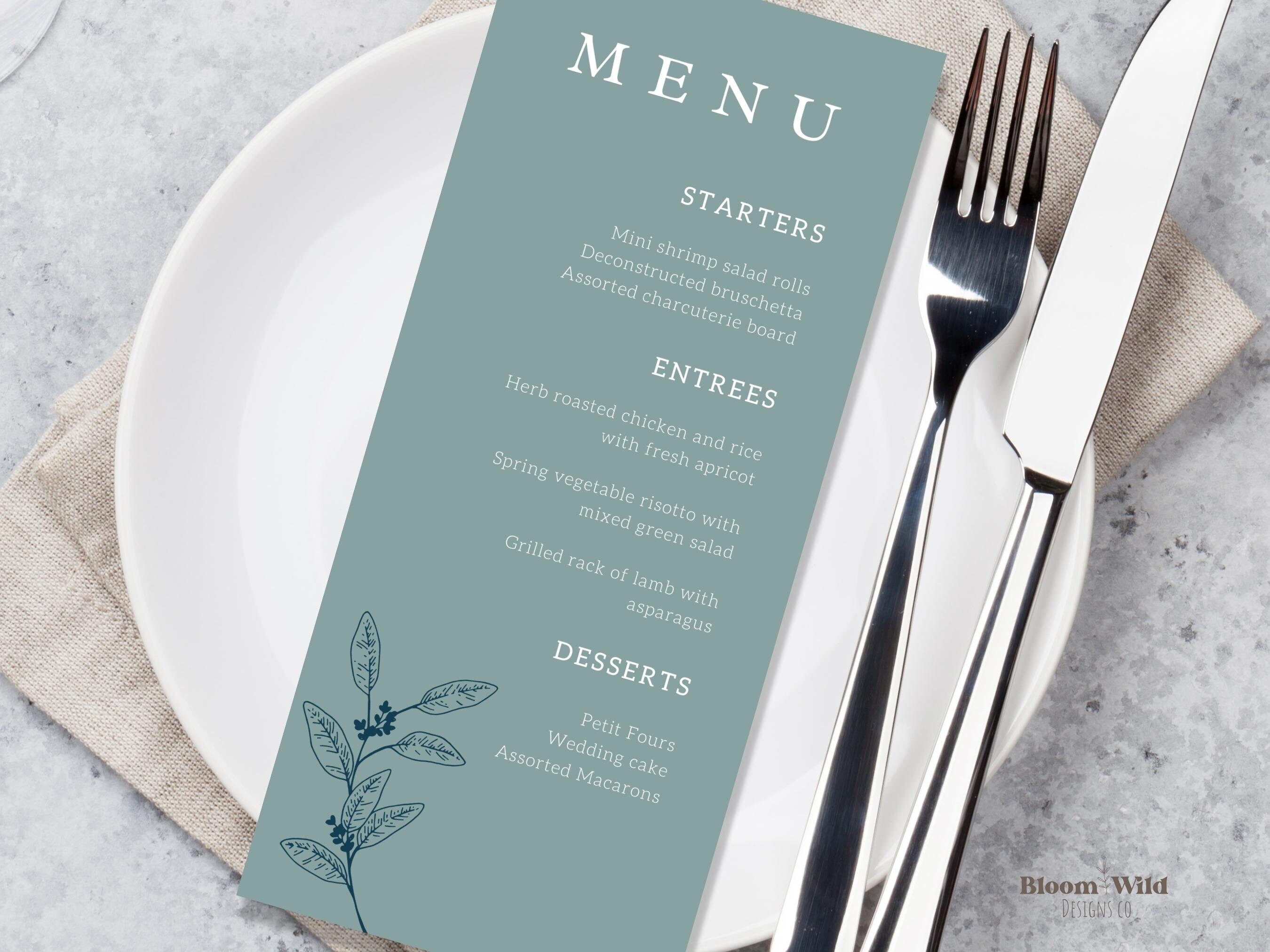 Blue Wedding Menu, Menu Template, Menu Card, Menu Cards, Rustic Wedding ...