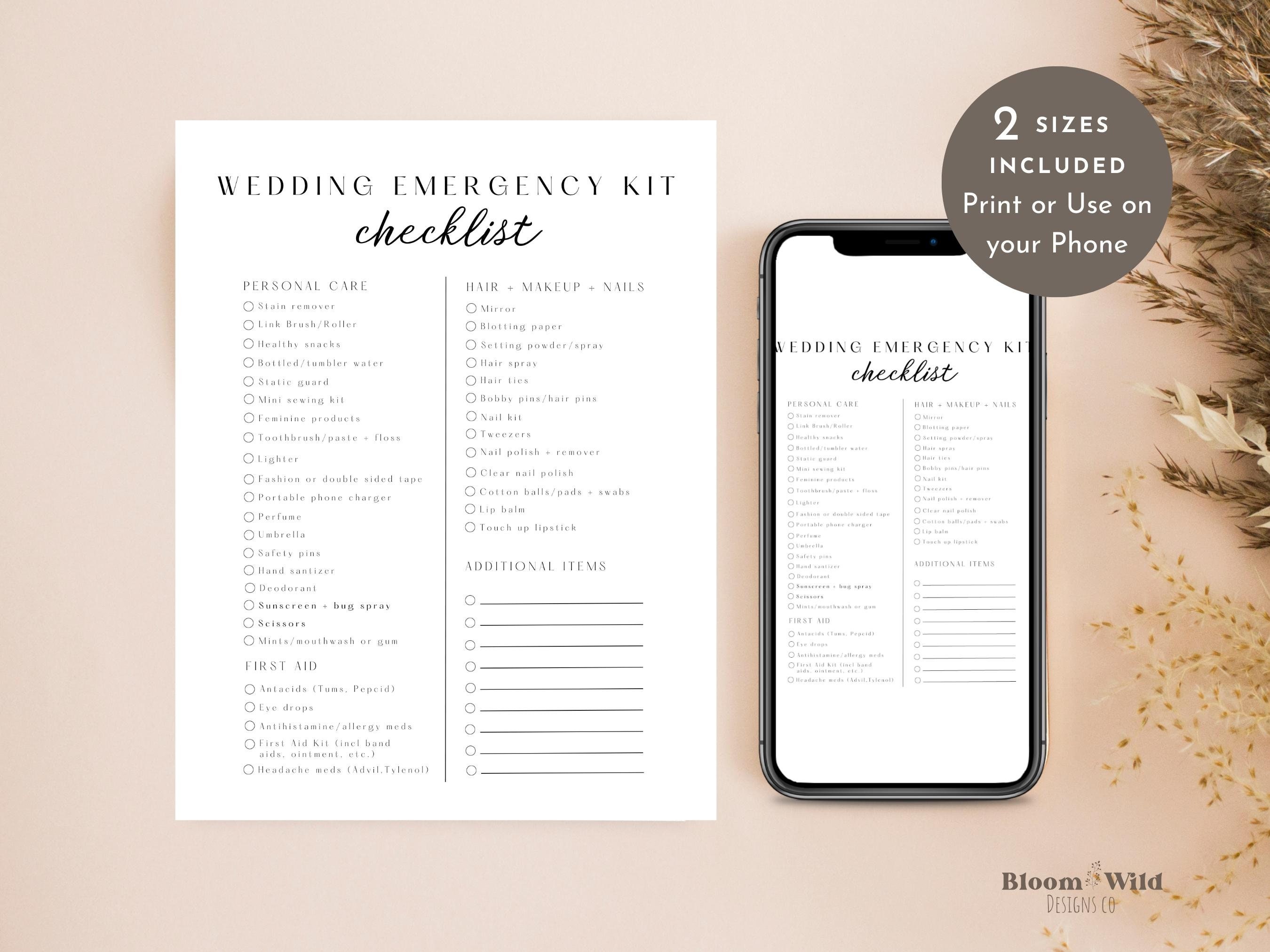 Wedding Emergency Kit Checklist, Bride Survival Kit List Template ...