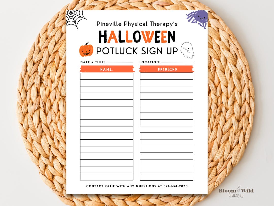 Halloween Potluck Sign up Sheet, Halloween Luncheon Flyer, Printable ...