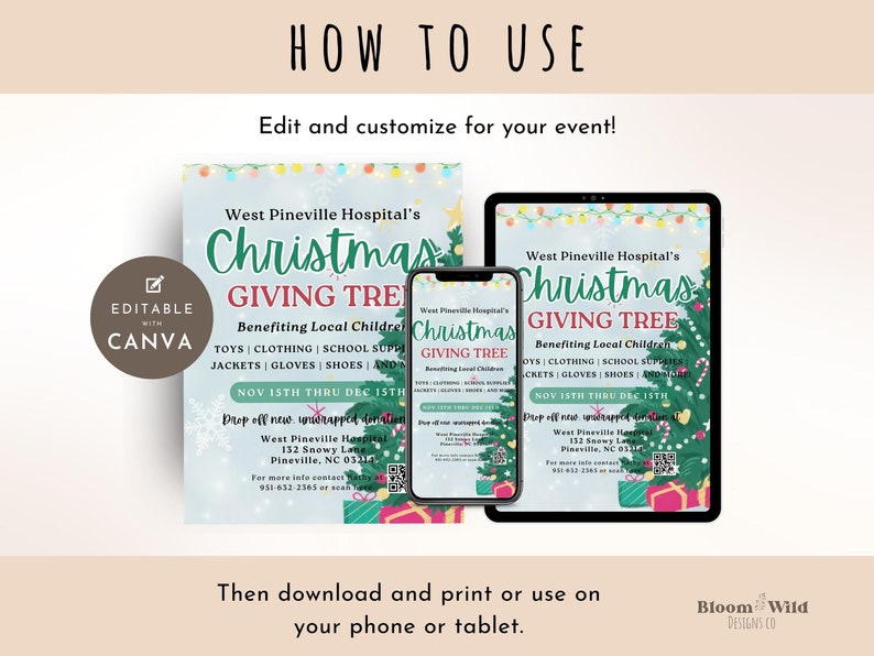 Christmas Giving Tree Flyer Template, Editable Winter Event W/ QR Code ...