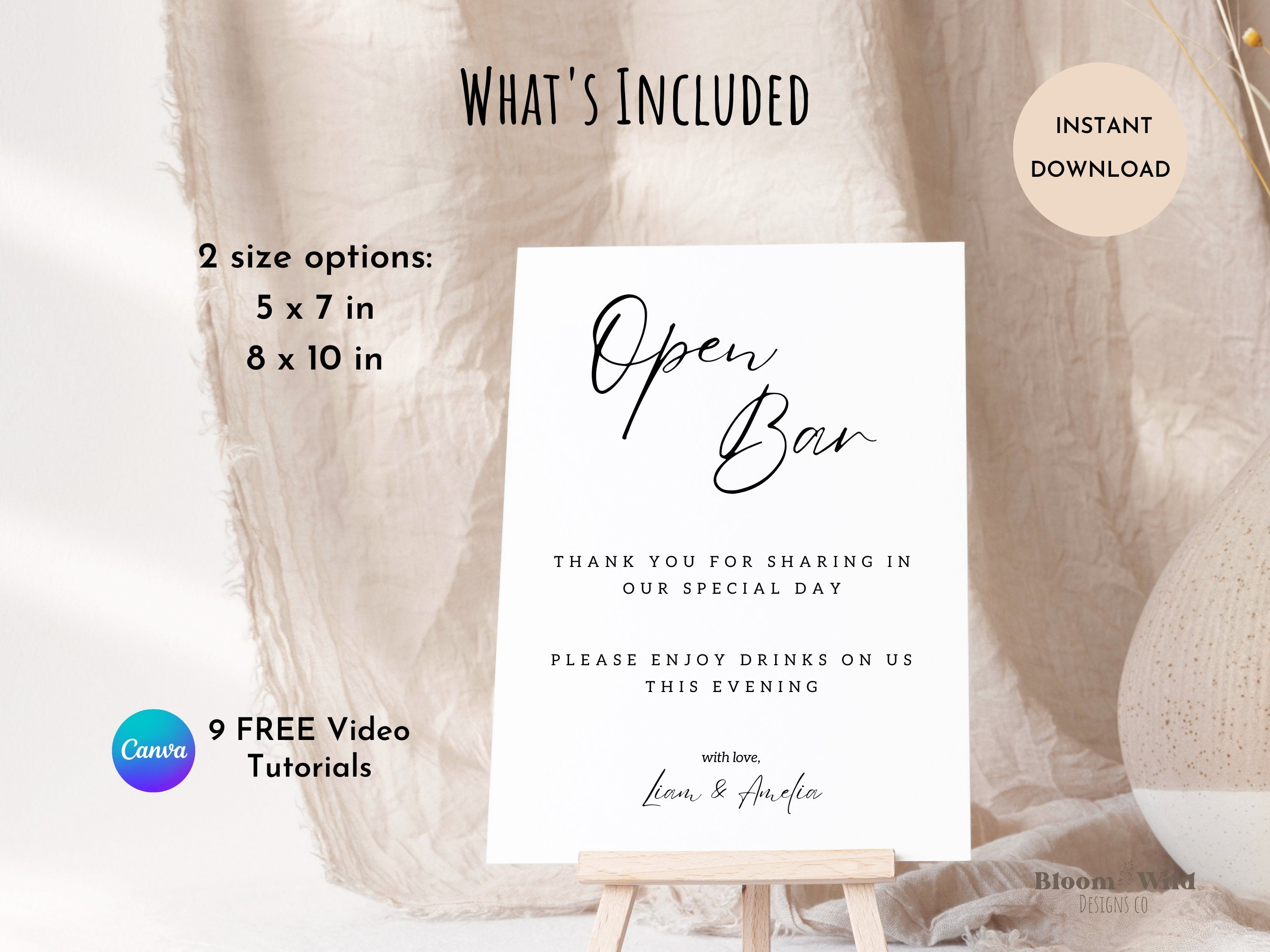 Open Bar Wedding Sign Canva, Printable Open Bar Sign, Modern Minimalist ...