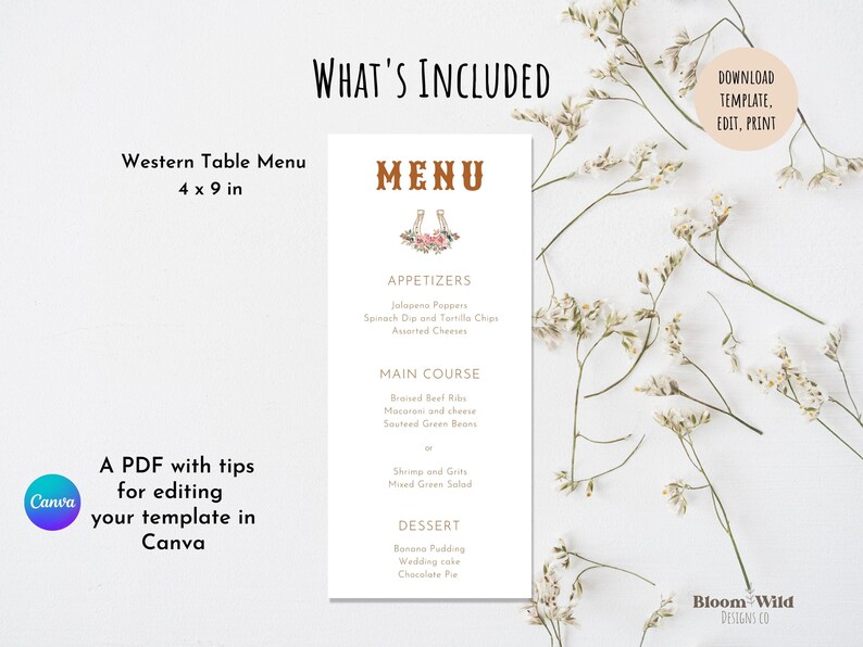 Cowboy Wedding Menu, Modern Western Wedding, Menu Template, Menu Card ...