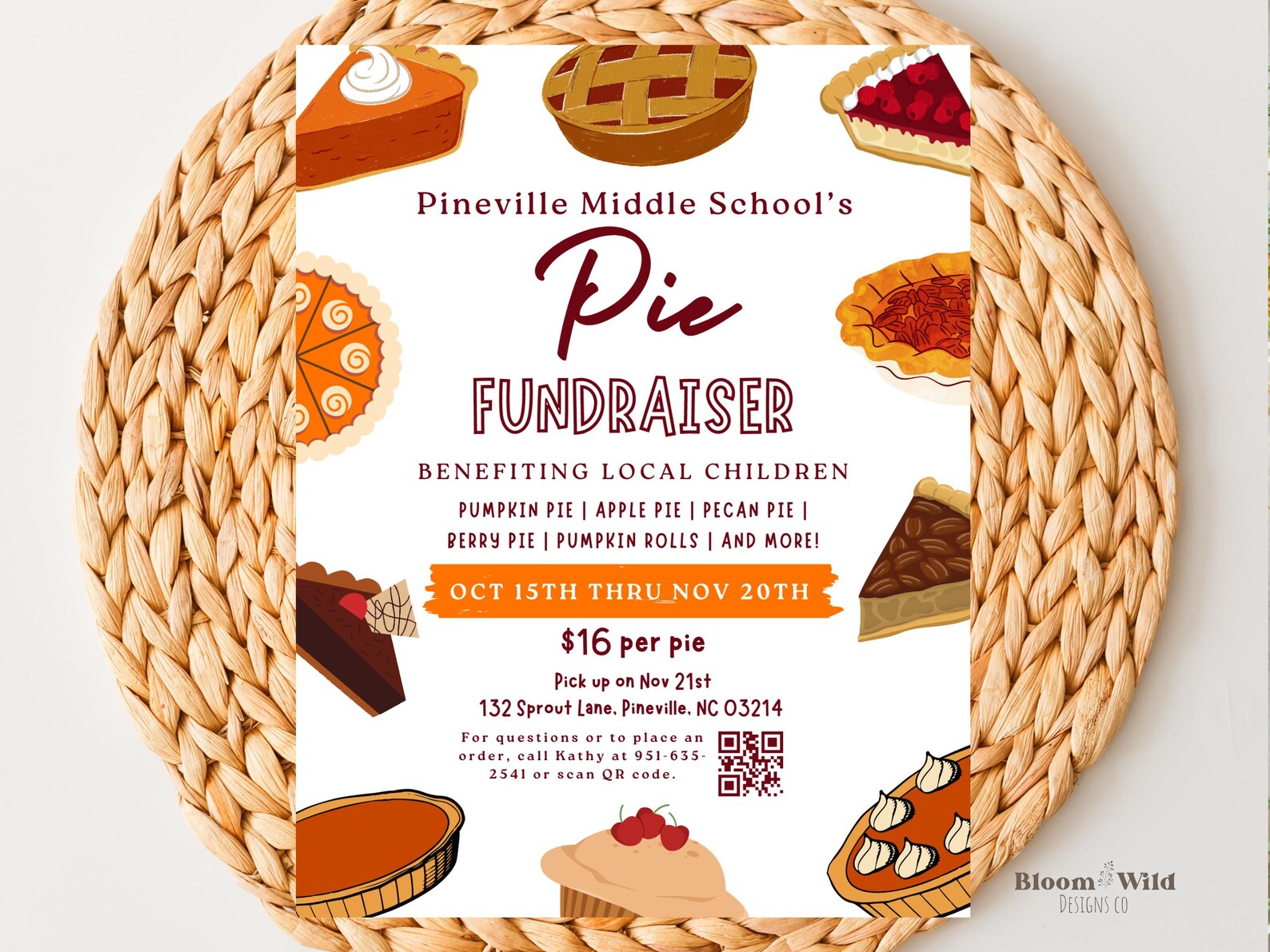 Pie Fundraiser Flyer, Thanksgiving Pie Sale, PTO PTA Fundraiser, Church ...