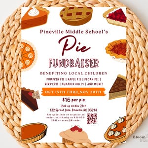 Pie Fundraiser Flyer, Thanksgiving Pie Sale, PTO PTA Fundraiser, Church ...