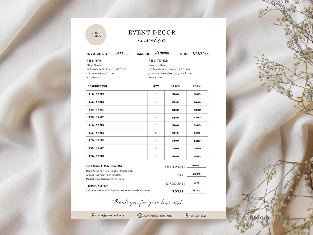 Event Decorator Invoice Template, Wedding Decor Invoice Template, Party ...