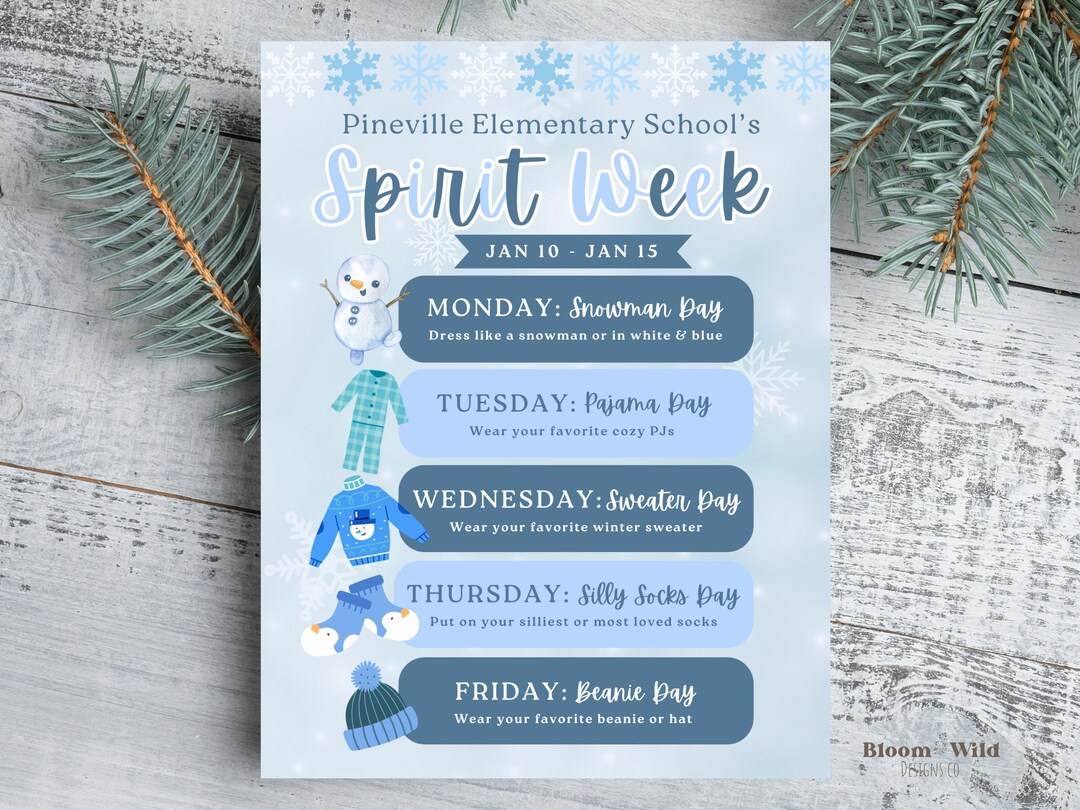 Winter Spirit Week Template, Winter Spirit Week Flyer, Spirit Week ...
