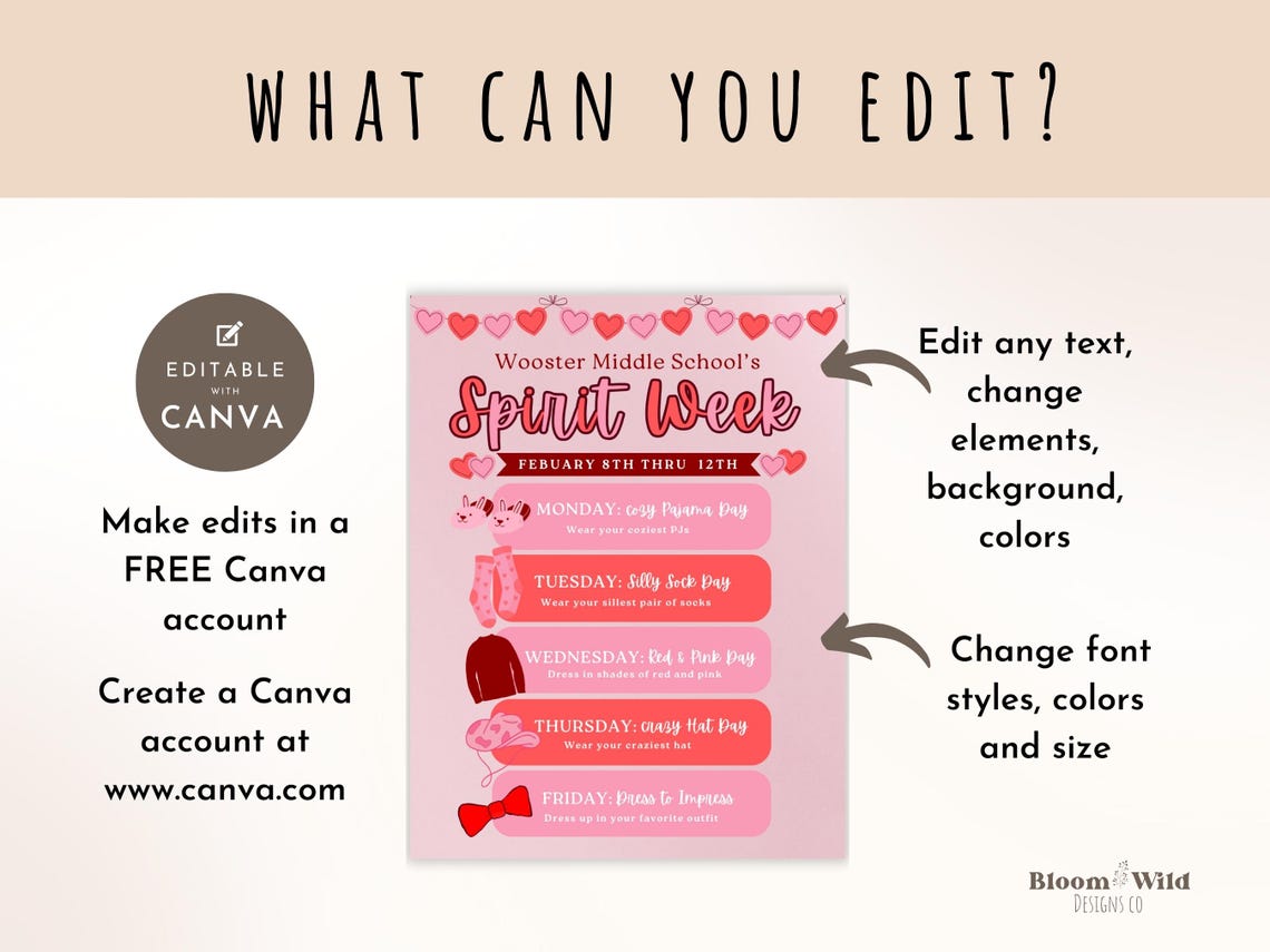 Valentine Spirit Week Canva Template, School Spirit Week Template ...