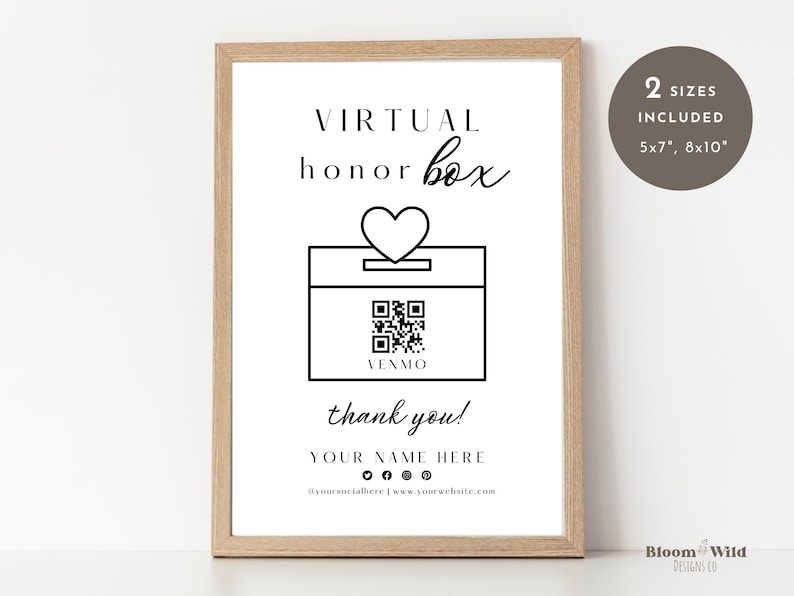 Virtual Honor Box, Charity Donation Venmo QR Code Sign, Printable ...