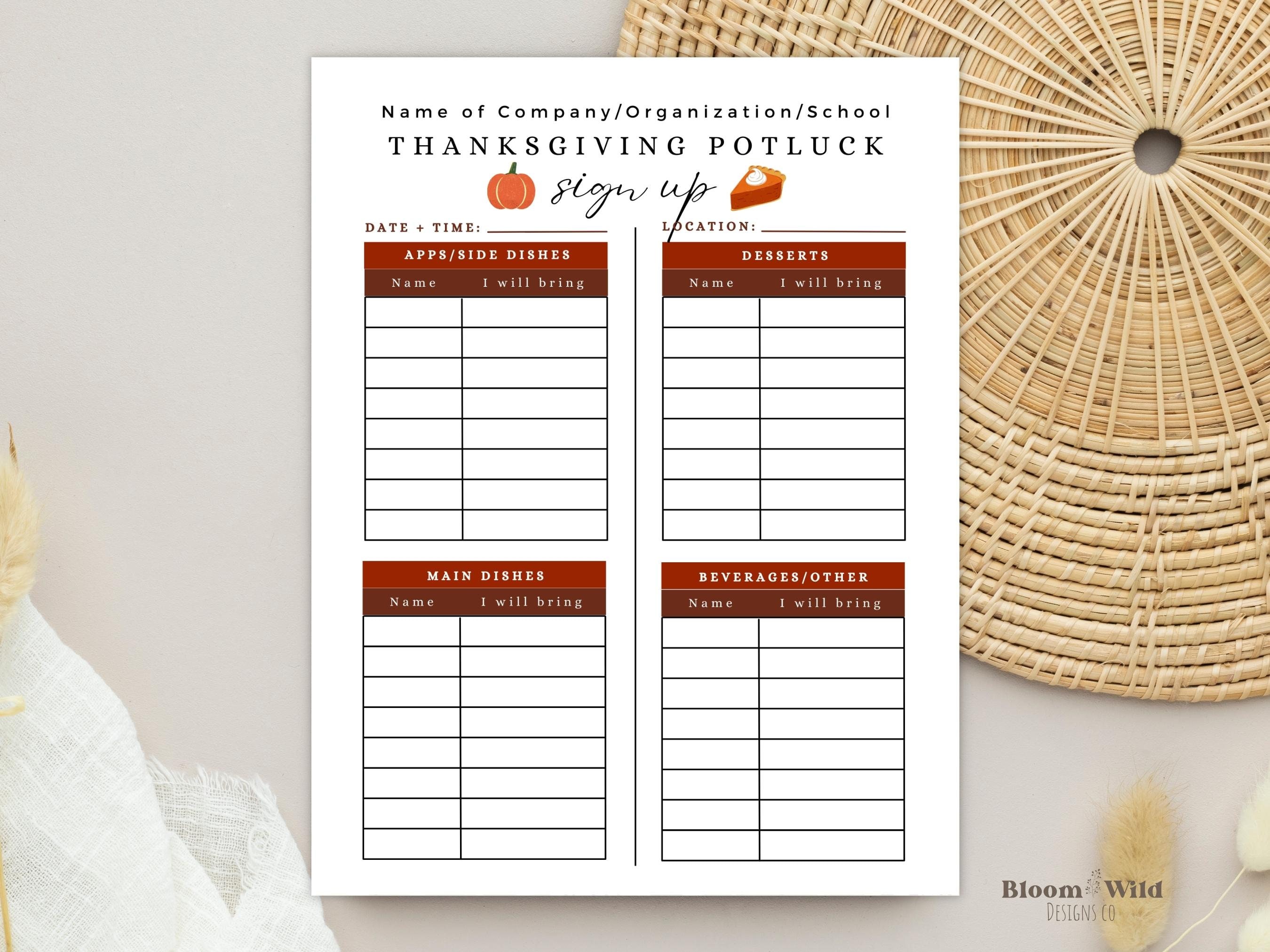 Sign up Potluck Template, Canva Thanksgiving Potluck Sign up Form ...