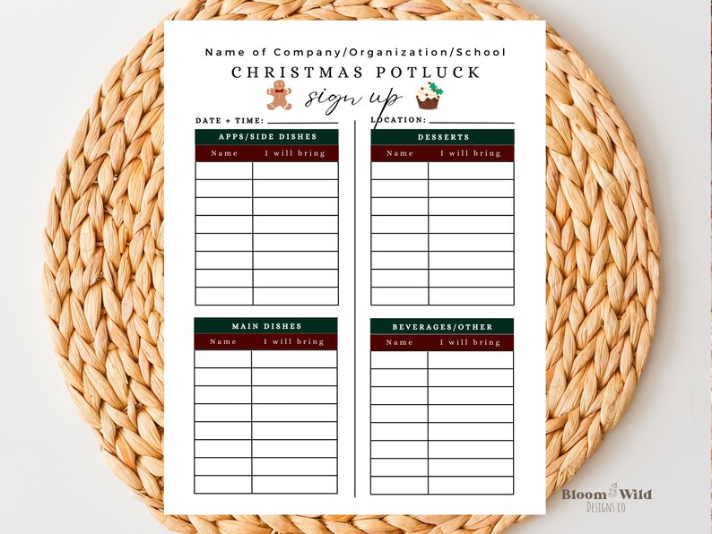 Christmas Potluck Sign up Sheet Printable, Sign up Sheet for Christmas ...