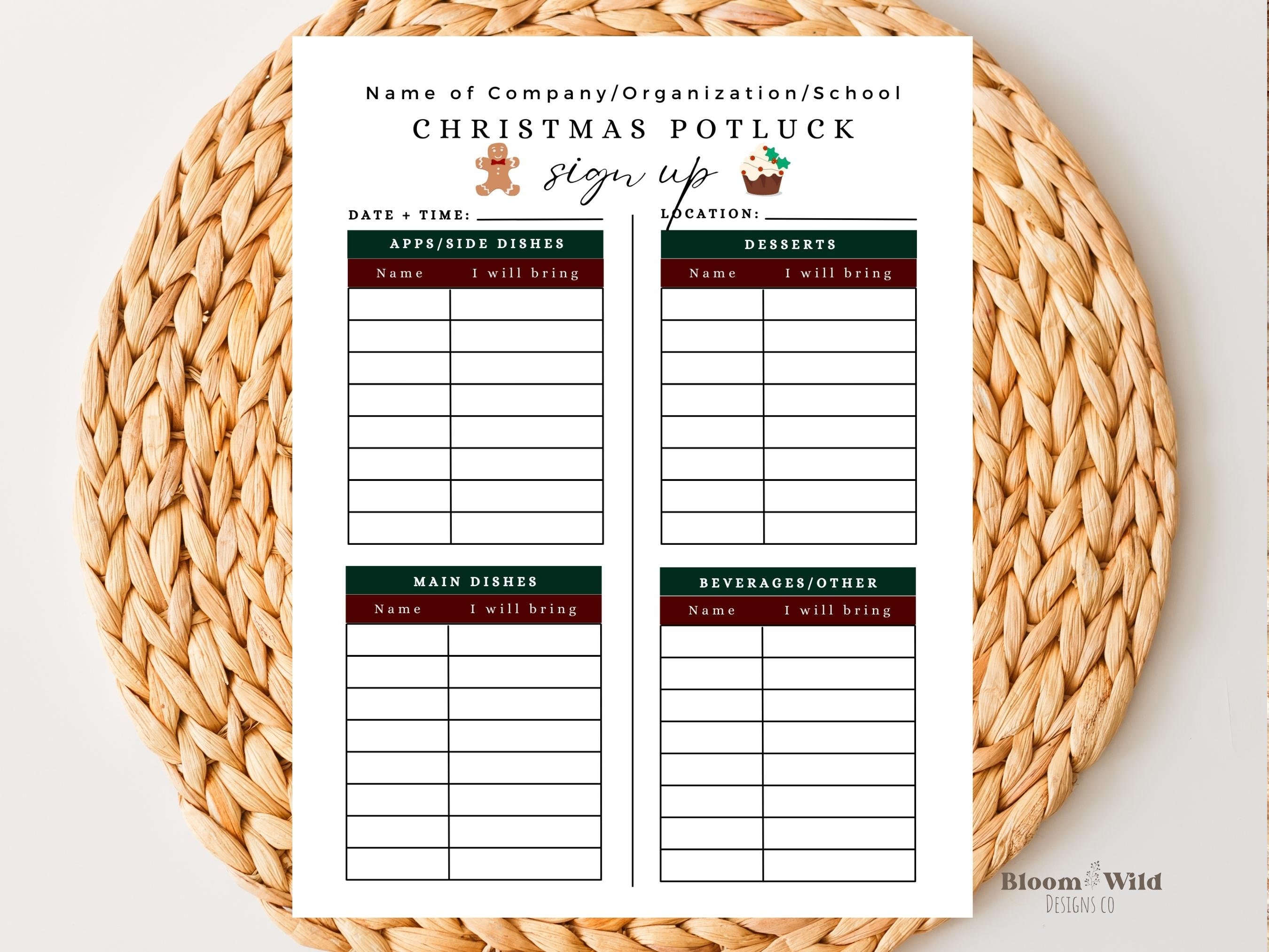 Christmas Potluck Sign up Sheet Printable, Sign up Sheet for Christmas ...