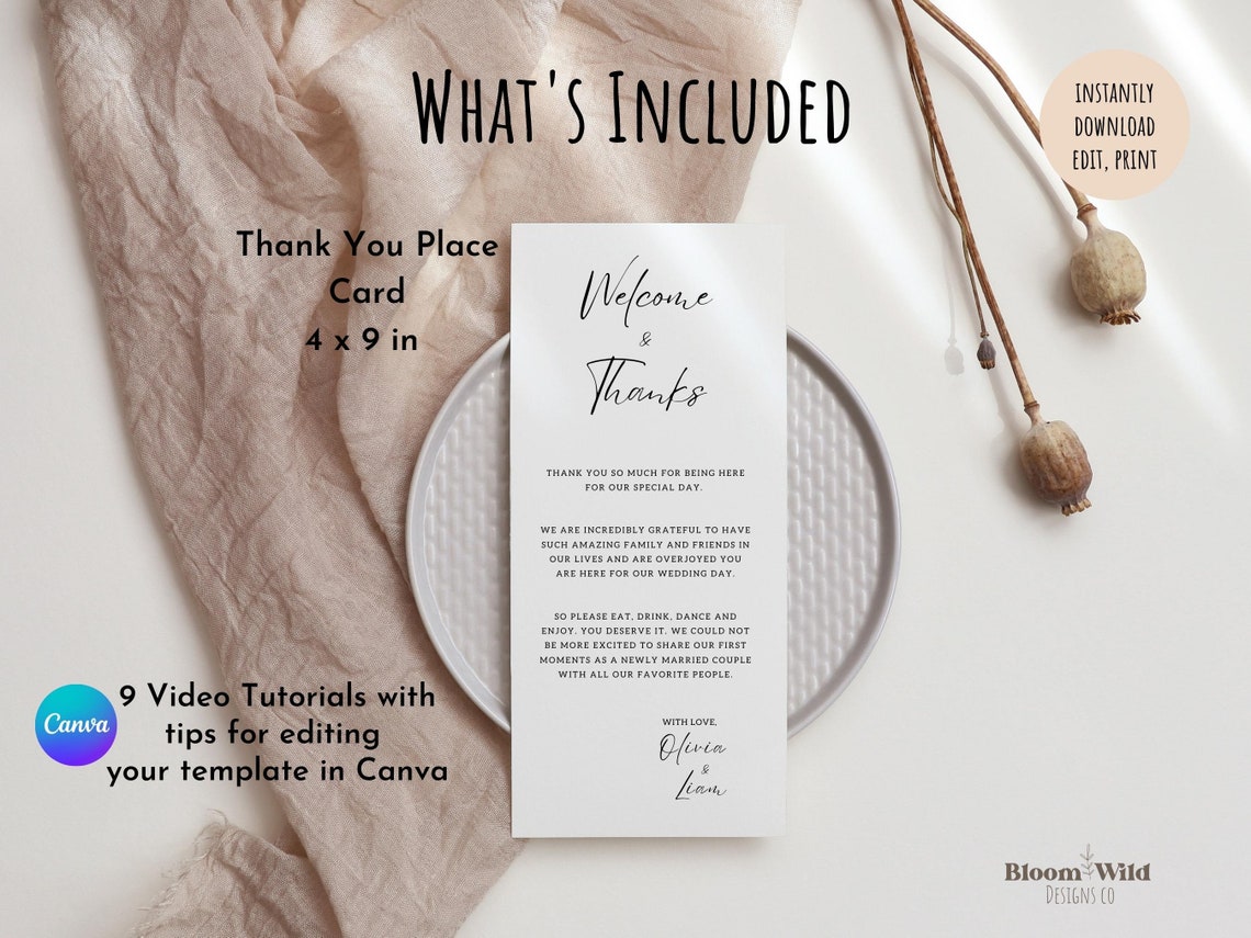 Modern Thank You Place Card, Wedding Thank You Note Template, Thank You ...