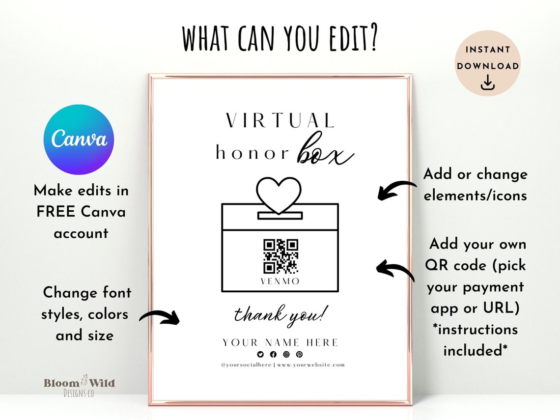 Virtual Honor Box, Charity Donation Venmo QR Code Sign, Printable ...