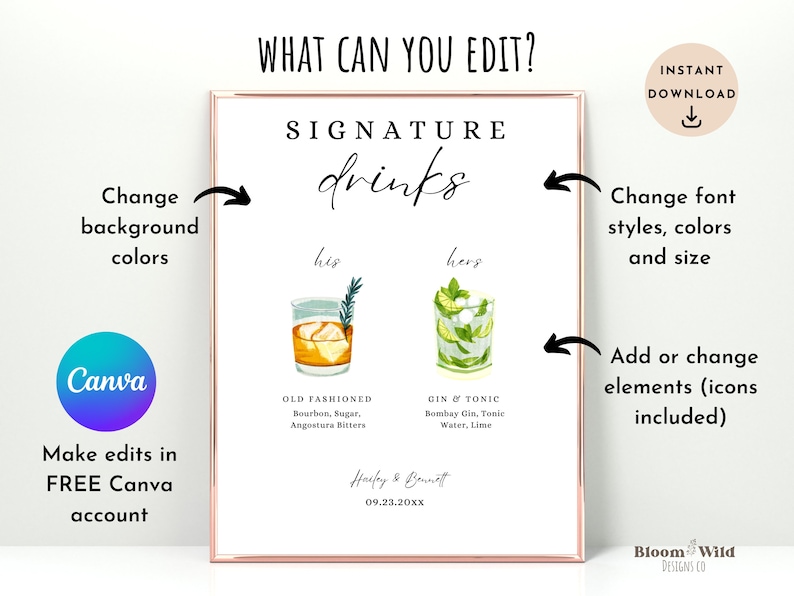 Signature Drinks Sign Canva, Downloadable His and Hers Drink Template ...