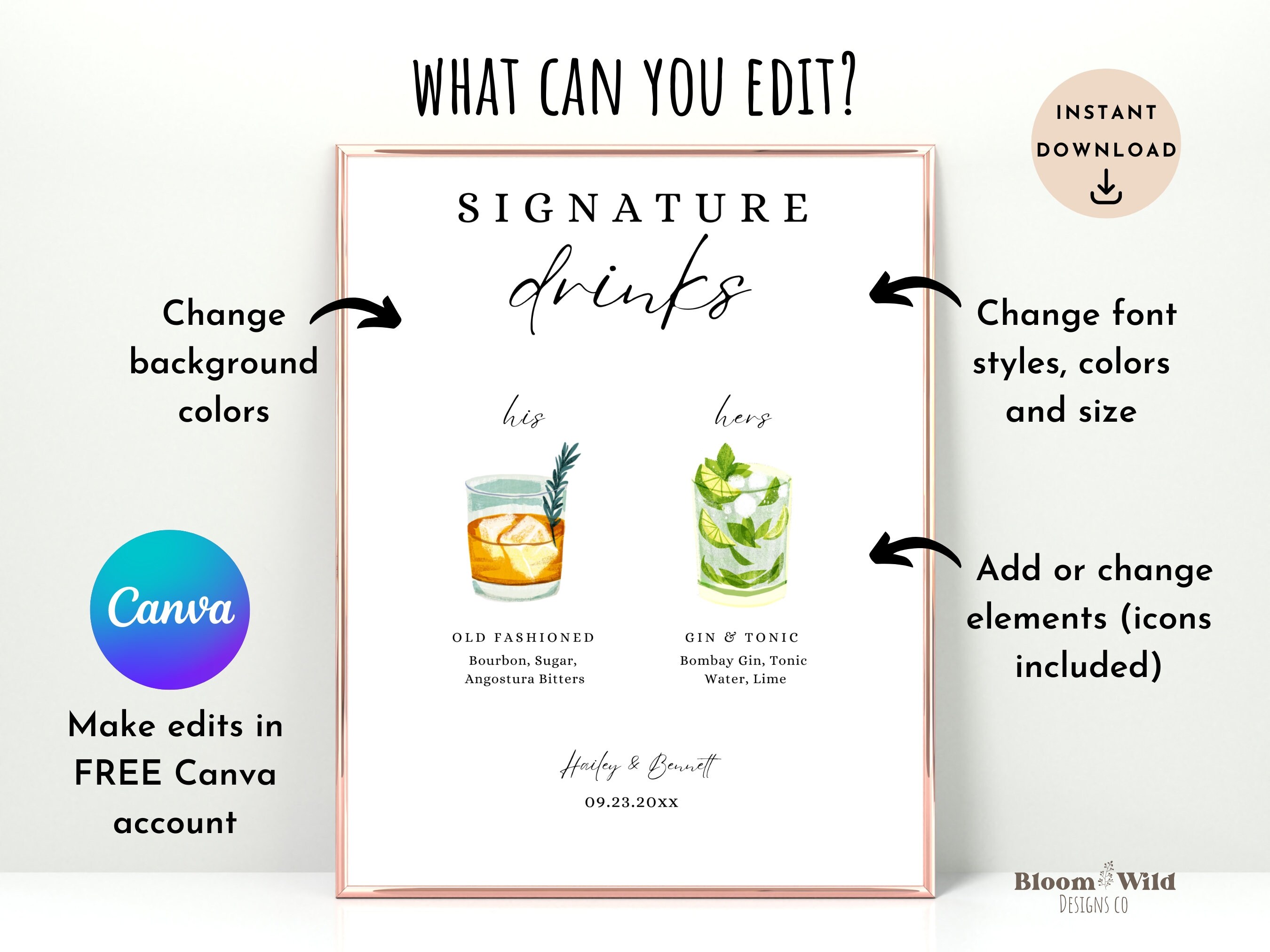 Signature Drinks Sign Canva, Downloadable His and Hers Drink Template ...