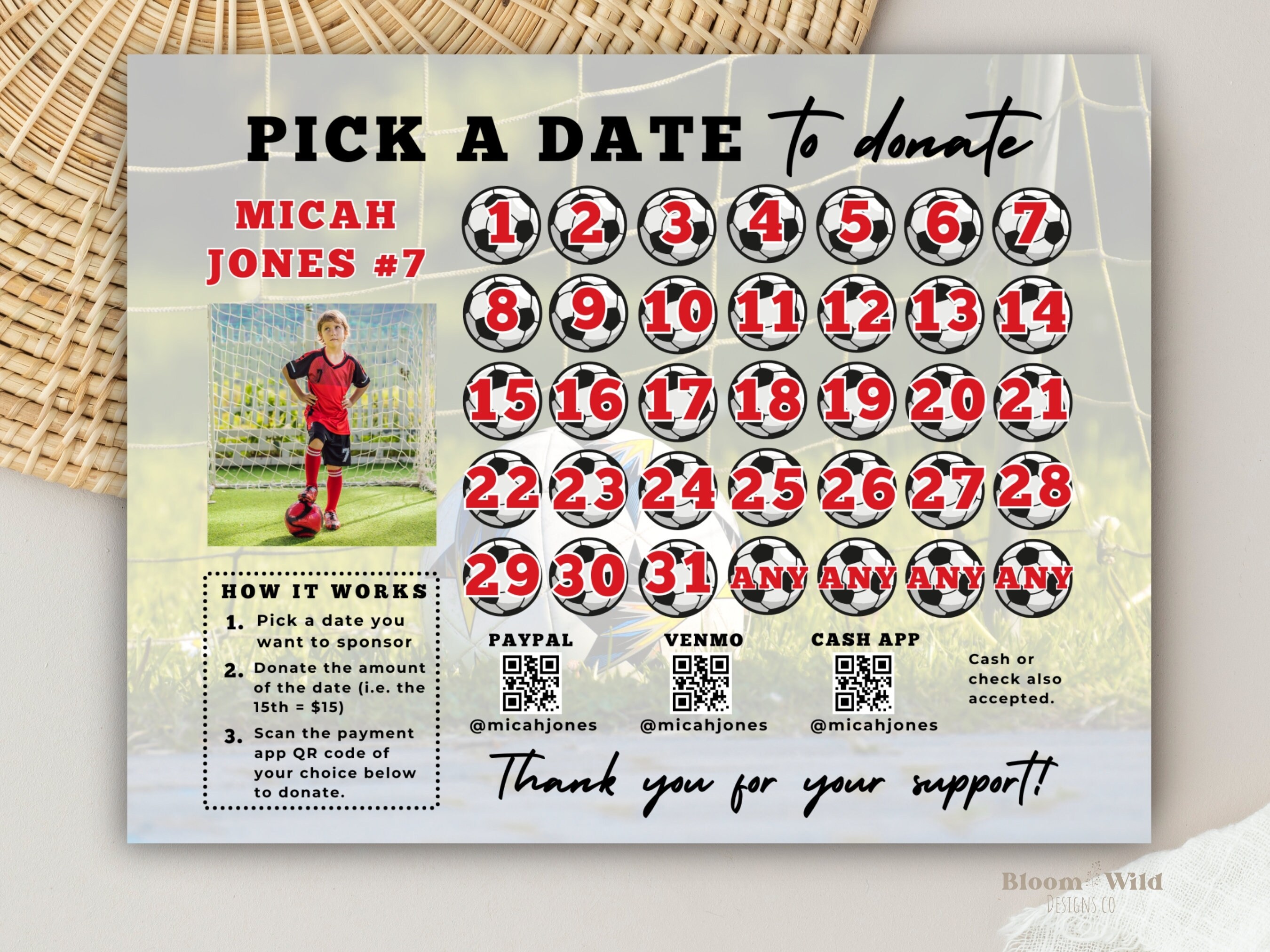 Soccer Fundraiser Flyer, Calendar Fundraiser Soccer, Pick A Date Donate ...