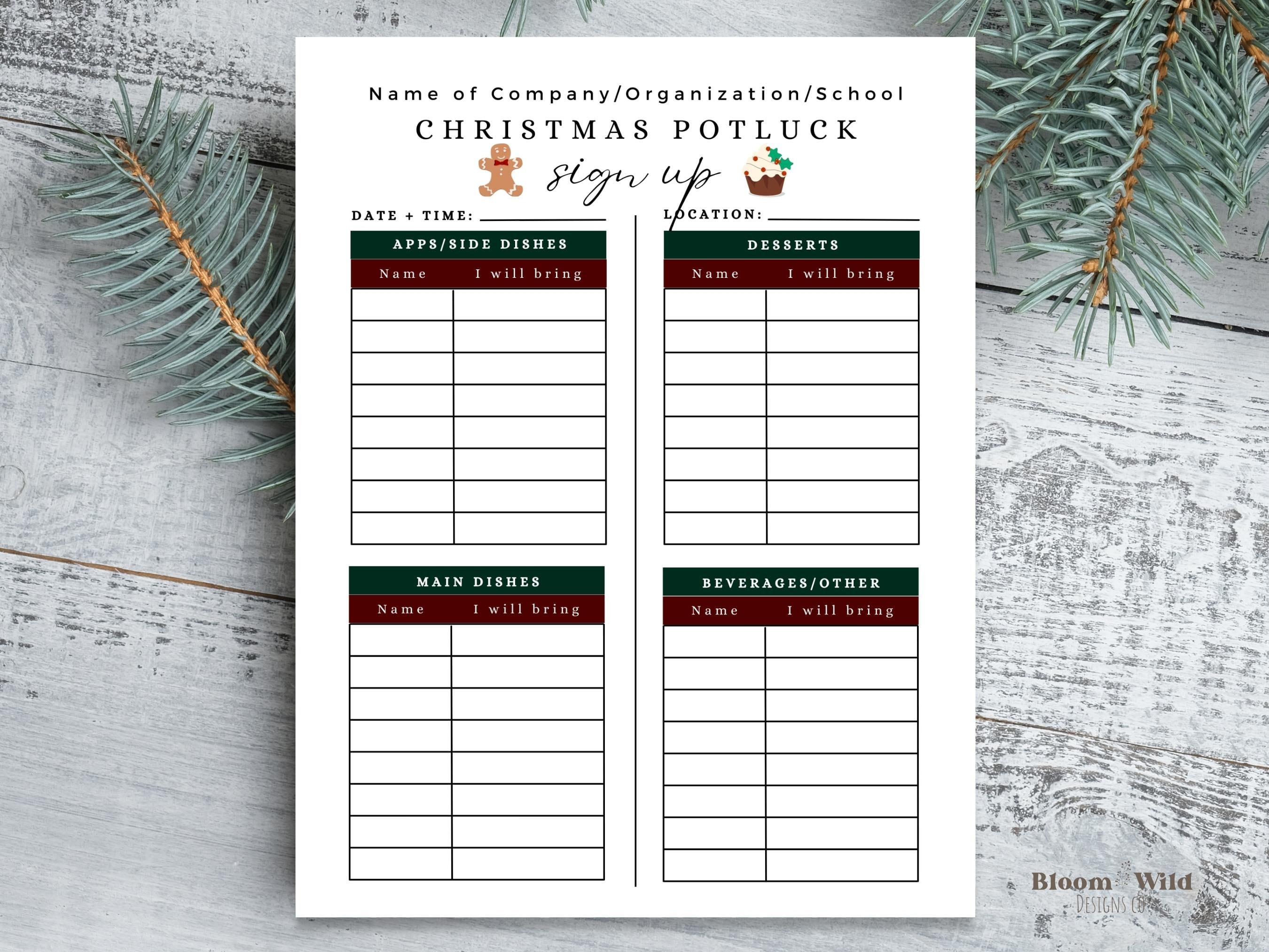 Christmas Potluck Sign up Sheet Printable, Sign up Sheet for Christmas ...