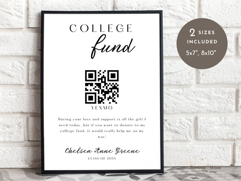 College Fund QR Code Canva, Venmo QR Code Grad, Graduation Gift Sign ...