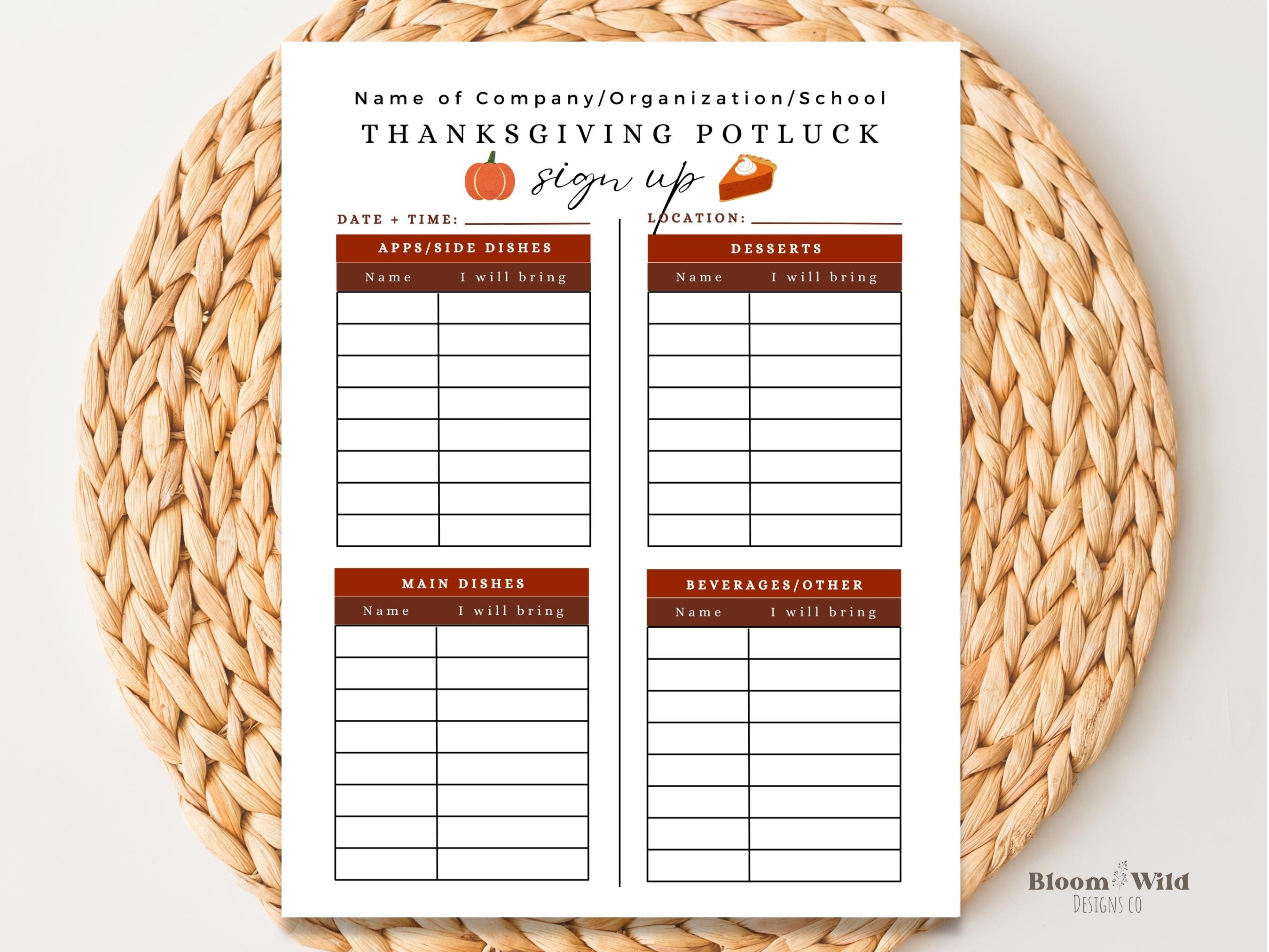 Sign up Potluck Template, Canva Thanksgiving Potluck Sign up Form ...