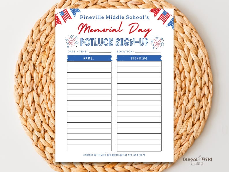 Memorial Day Potluck Sign up Sheet Editable, Potluck for BBQ, Potluck ...