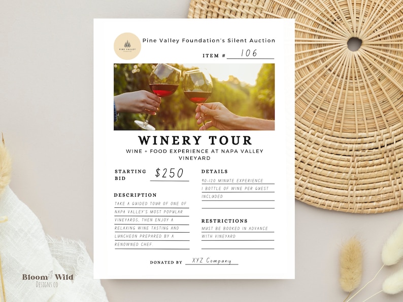 Silent Auction Item Description Sheet, Printable Silent Auction ...