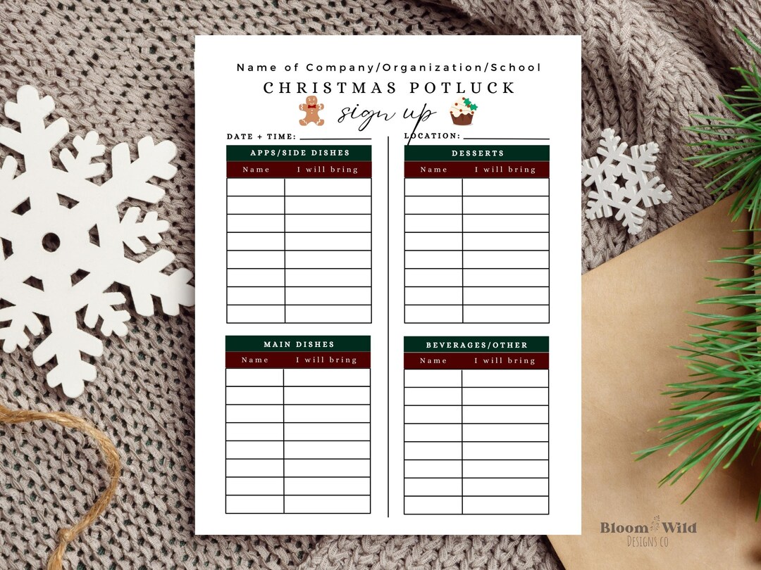 Christmas Potluck Sign up Sheet Printable, Sign up Sheet for Christmas ...