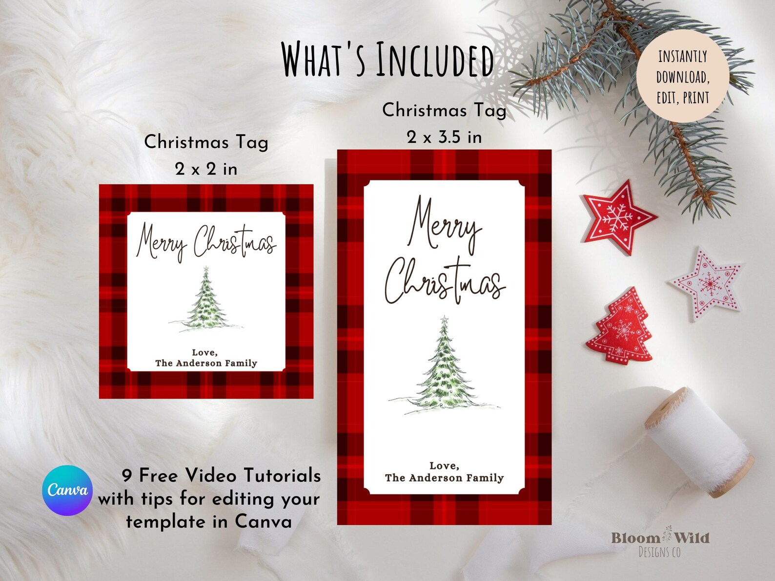 Flannel Christmas Tag for Presents, Canva Template Christmas Gift Tag ...