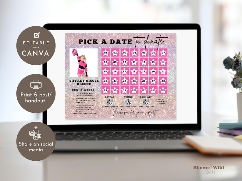 Cheer Fundraiser Template Canva, Pick A Date to Donate Calendar ...