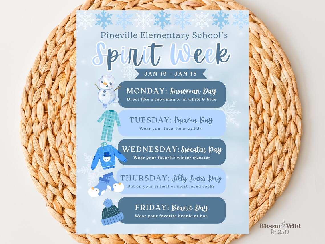 Winter Spirit Week Template, Winter Spirit Week Flyer, Spirit Week ...