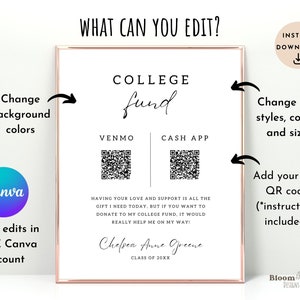 Graduation QR Code Sign, College Fund QR Code Canva, Venmo QR Code ...