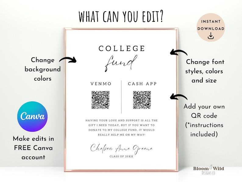 Graduation QR Code Sign, College Fund QR Code Canva, Venmo QR Code ...